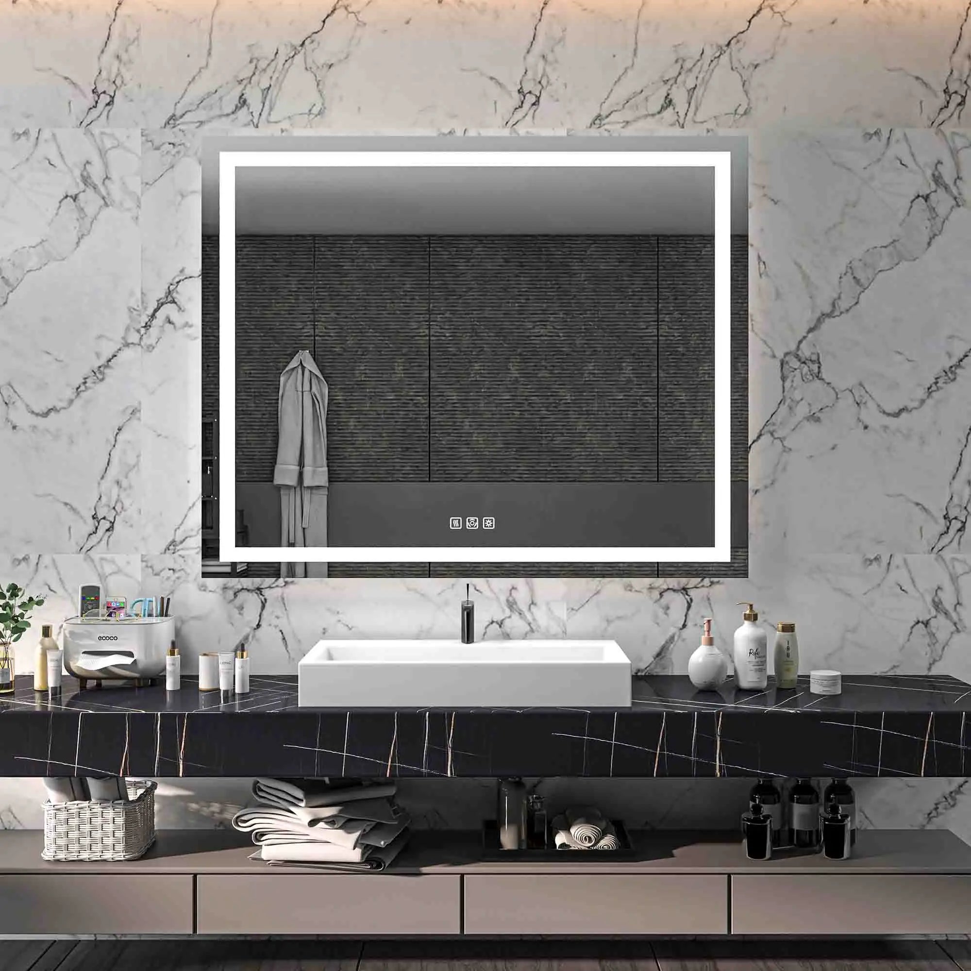 60'' W x 48'' H Large LED Bedroom Mirror, Frameless, Anti-mist, Front ...