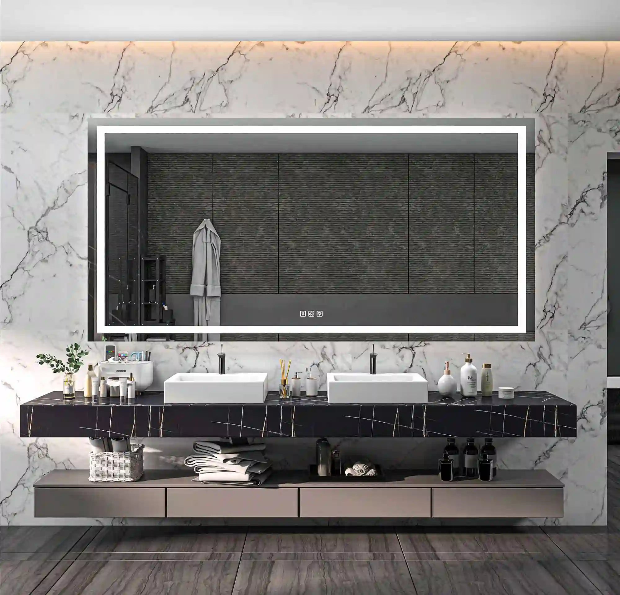 96'' W x 48'' H Large LED Bedroom Mirror, Frameless, Anti-mist, Front ...